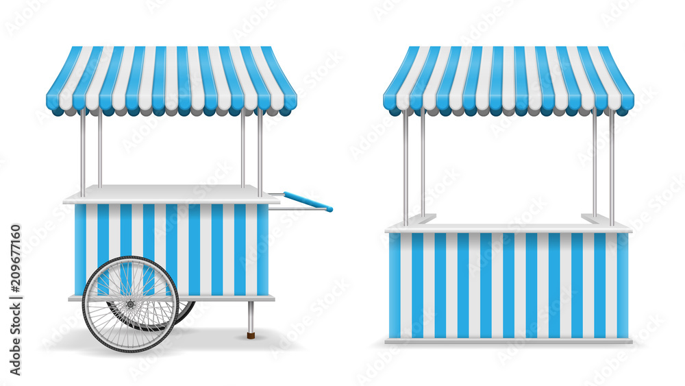Realistic set of street food kiosk and cart with wheels. Mobile blue ...