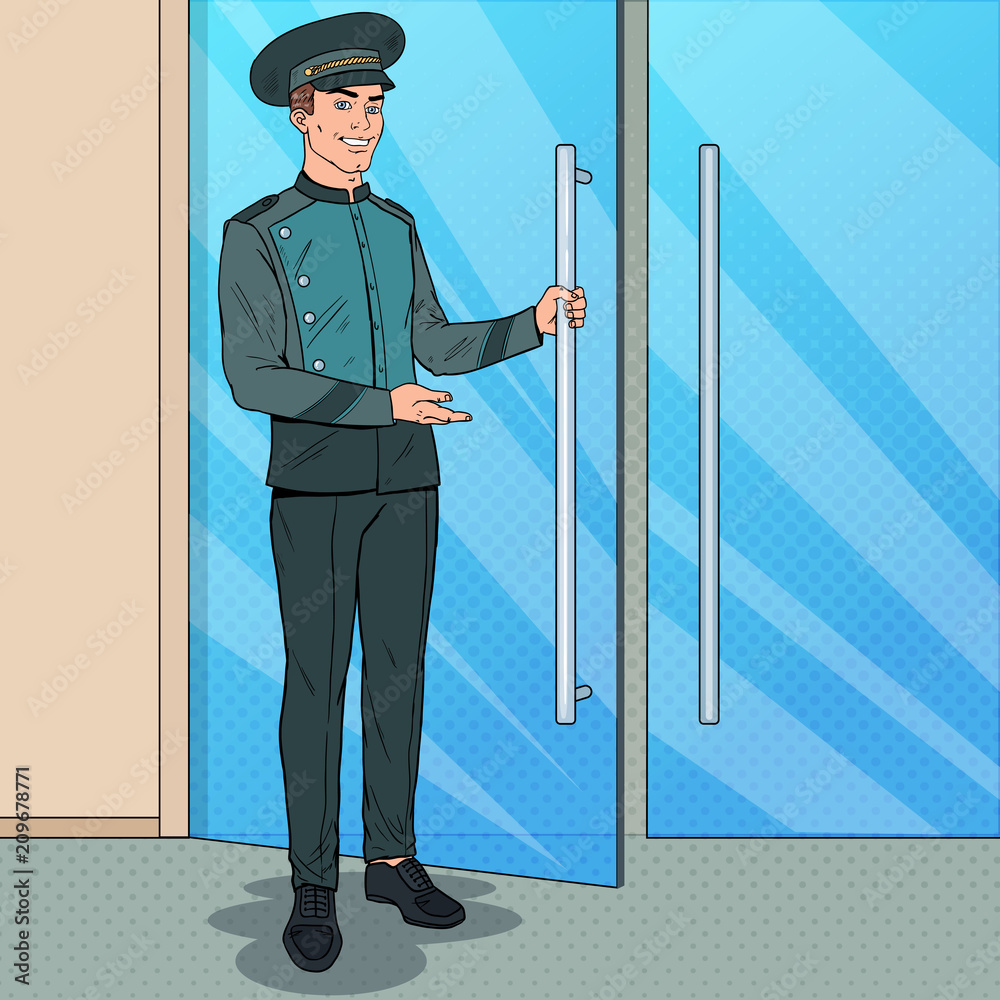 Pop Art Doorman Standing at Hotel Entrance. Doorkeeper in Uniform ...