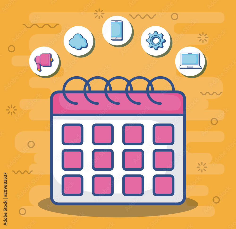 calendar with digital marketing related icons around over orange ...