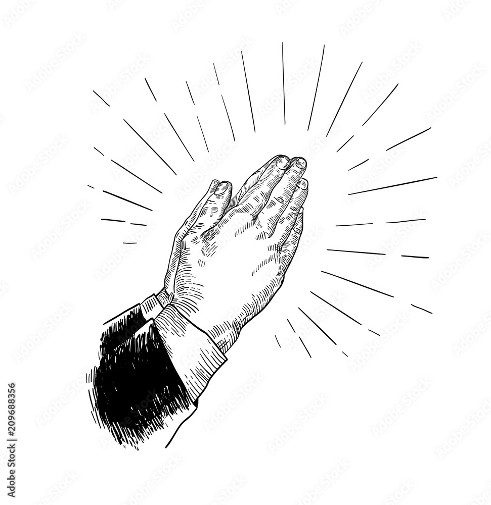 Folded praying hands drawn with black contour lines on white background ...