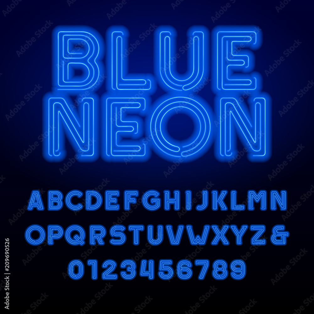 Blue neon tube alphabet font. Neon color bold letters and numbers ...