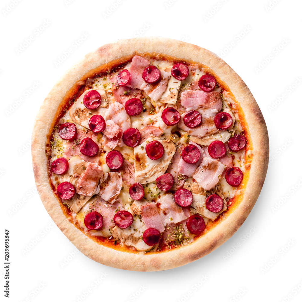 Ham and sausage pizza on white background. Copy space. Recipe and menu ...