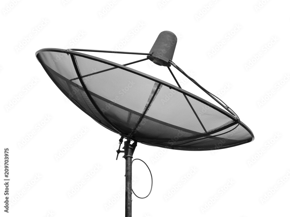 big mesh satellite dish with steel pole isolated on white background ...