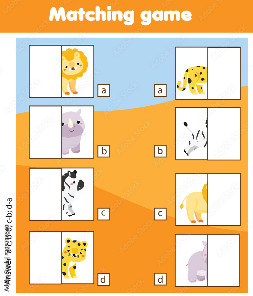 Matching children educational game. Match african animals halves ...