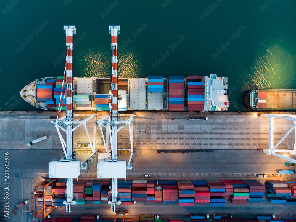 Cargo container ship at the cargo international yard port and crane ...