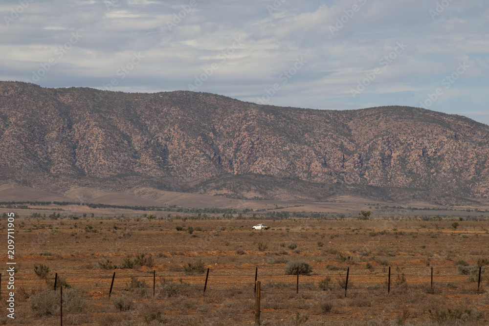 Hawker South Australia, farm ute driving across paddock with flinders ...
