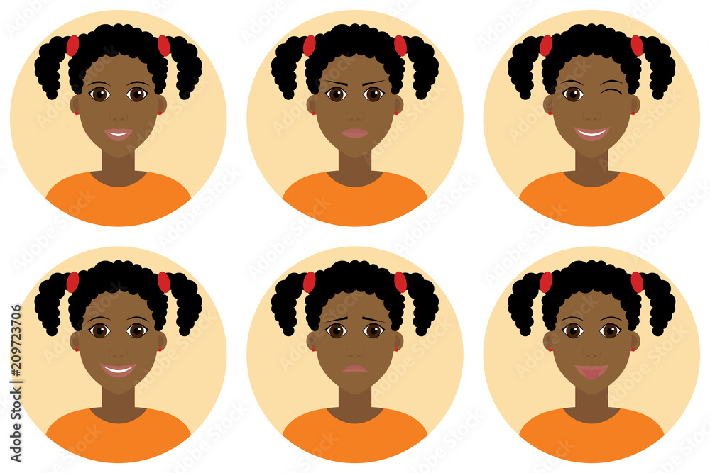 Young pretty african american little girl set. Diverse emotional faces ...