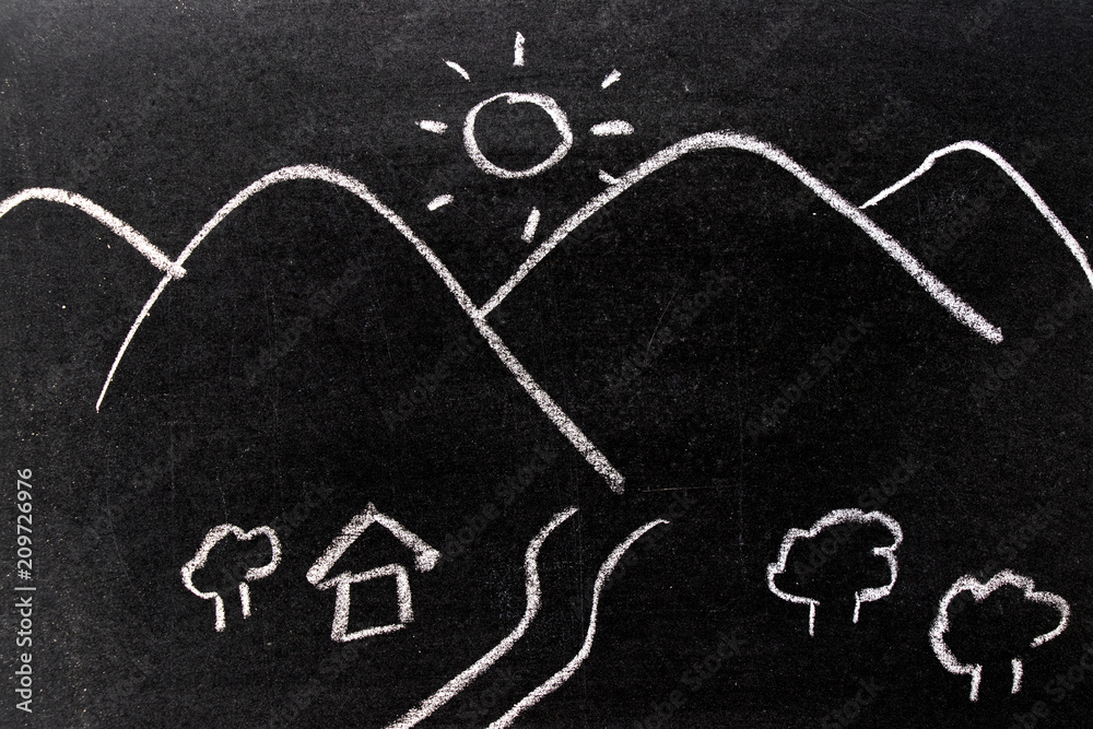 White chalk hand drawing in moutain, sund and river shape on blackboard ...