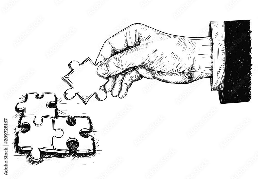 Vector artistic pen and ink drawing illustration of three jigsaw puzzle ...