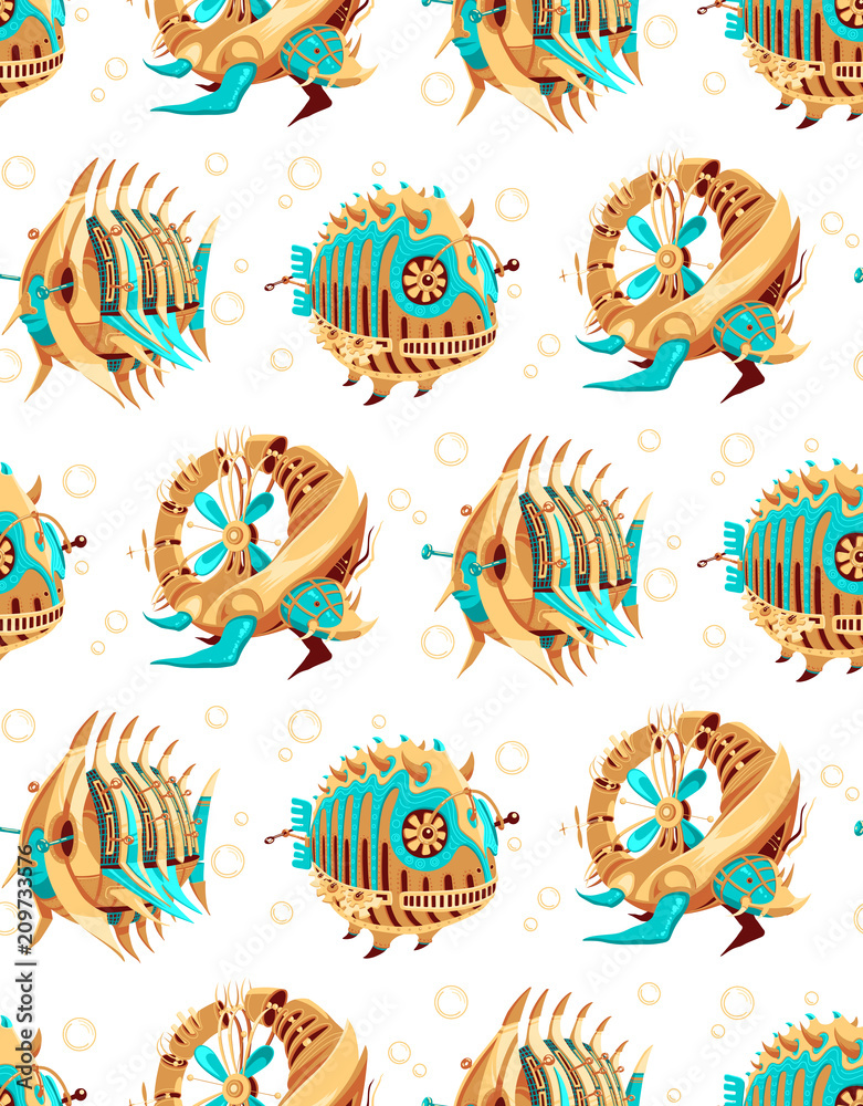 Pattern of two robot-fishes and a robot-turtle with yellow and ...