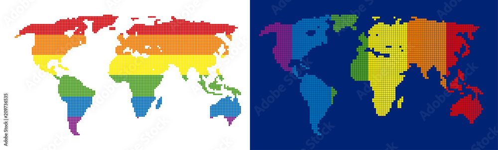 Dot LGBT world map variants. Vector geographic plans in rainbow colors ...
