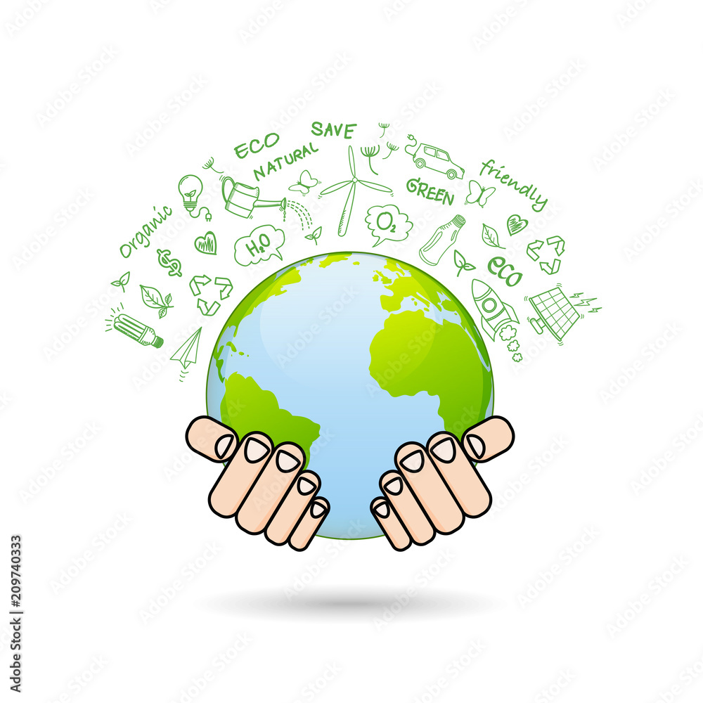 Ecology concept with doodle icons on earth, World environment and ...