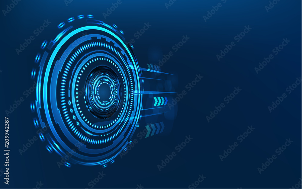 Blue technology circle and computer abstract background with blue and binary code matrix ...