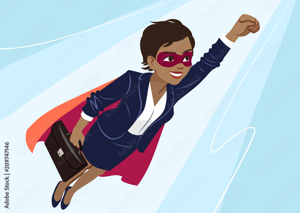 Young African-American superhero woman wearing business suit and cape ...