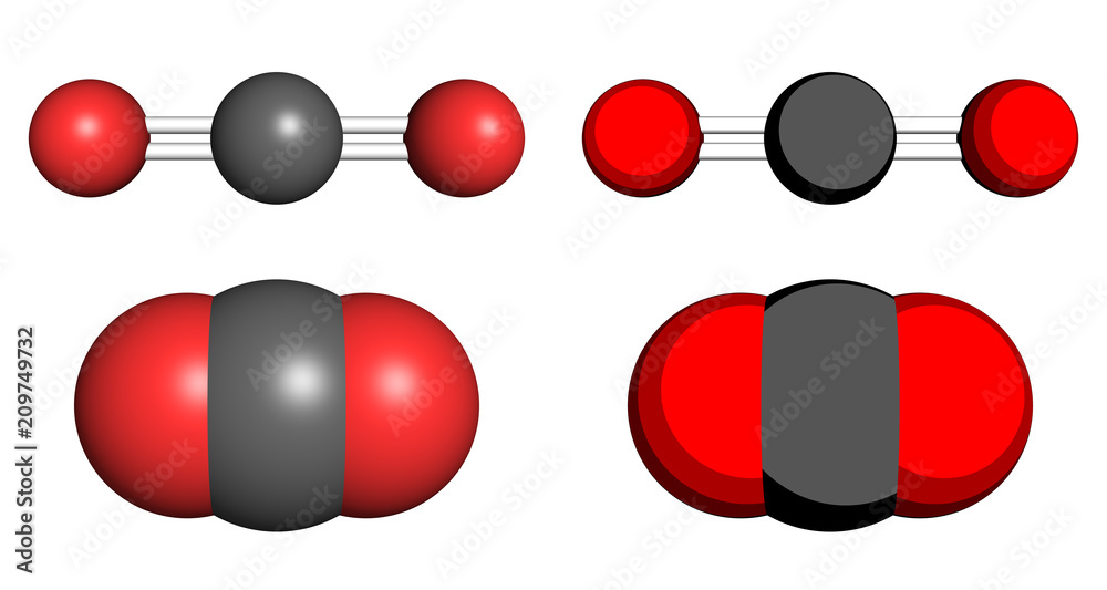 Carbon dioxide molecule, space-filling and ball-and-stick models Stock ...