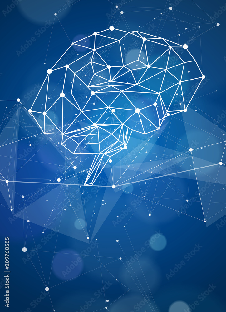 human brain of triangles, lines & dots located on a blue technological ...