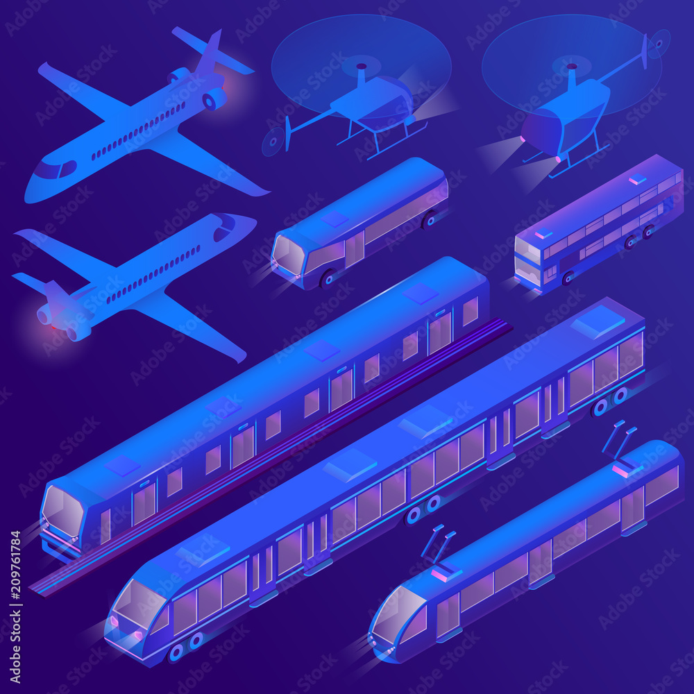 Vector 3d isometric set of urban air and land transportation, tram ...