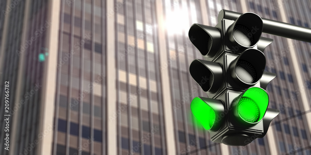 Green traffic lights on office building background, copy space. 3d ...