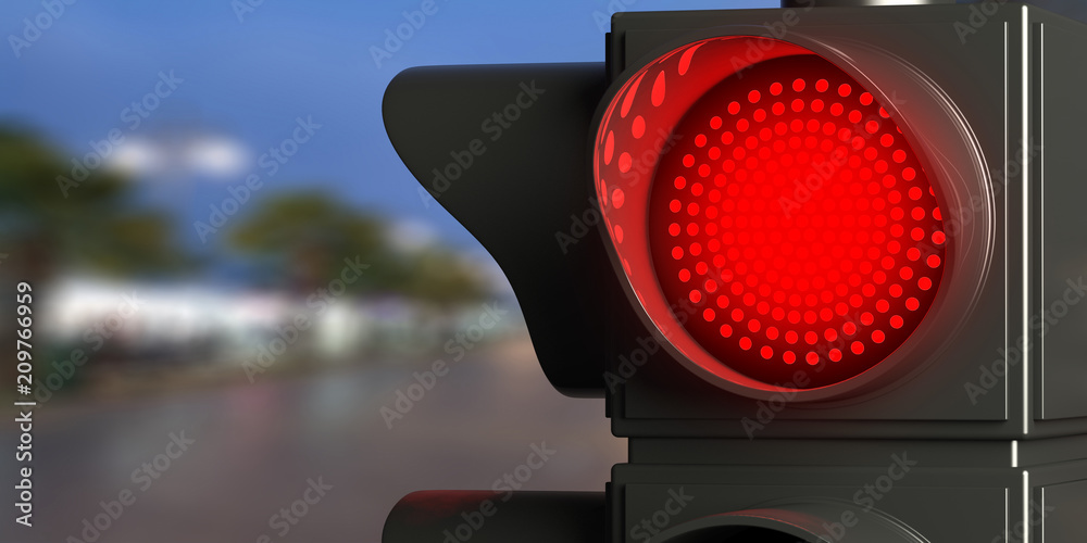 Red traffic lights on blur street background, copy space. 3d ...
