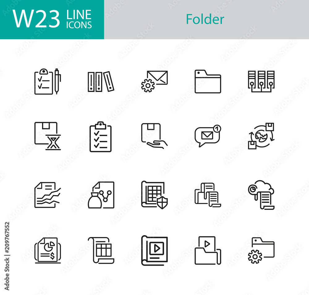 Folder icons. Set of twenty line icons. Data storage, exchange, file ...