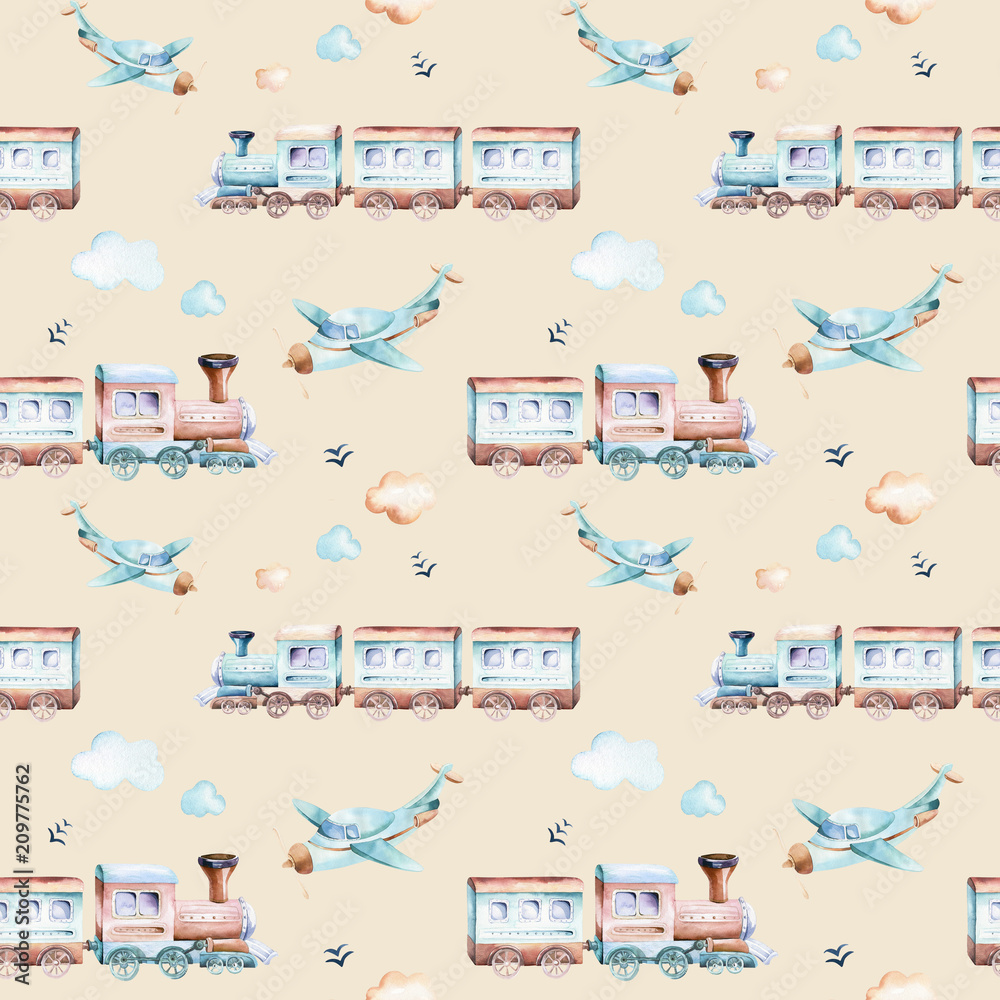 Baby boys world. Cartoon airplane, plane and waggon locomotive ...