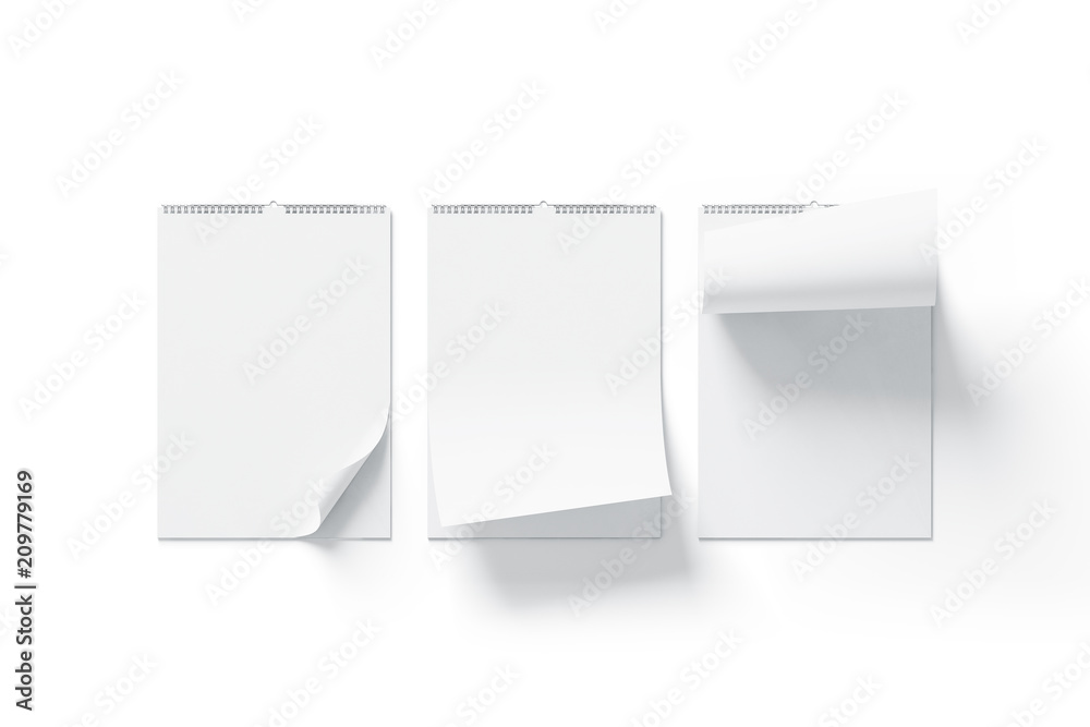 Blank white calendar mock up front view, curved corners set, isolated ...