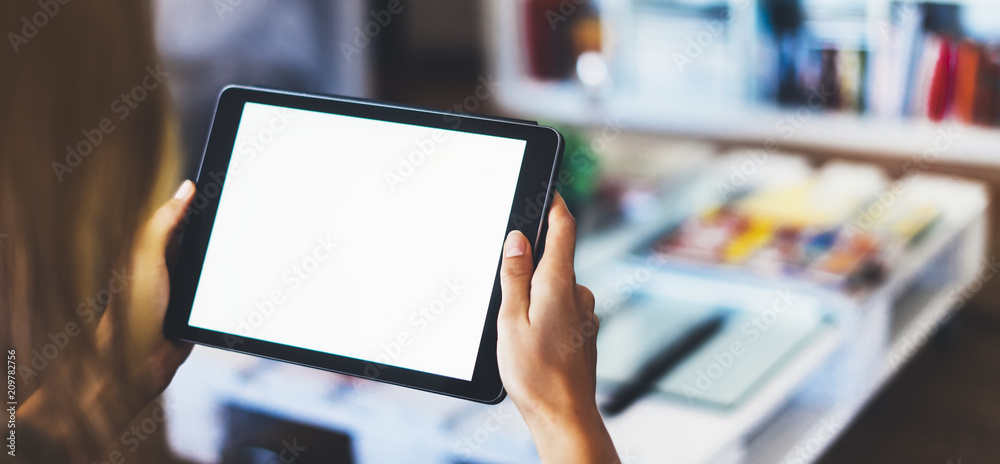 Hipster girl using tablet technology in home, blogger girl person ...