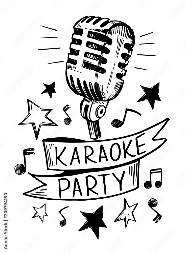 Microphone sketch. Karaoke emblem. Hand drawn illustrtion converted to ...