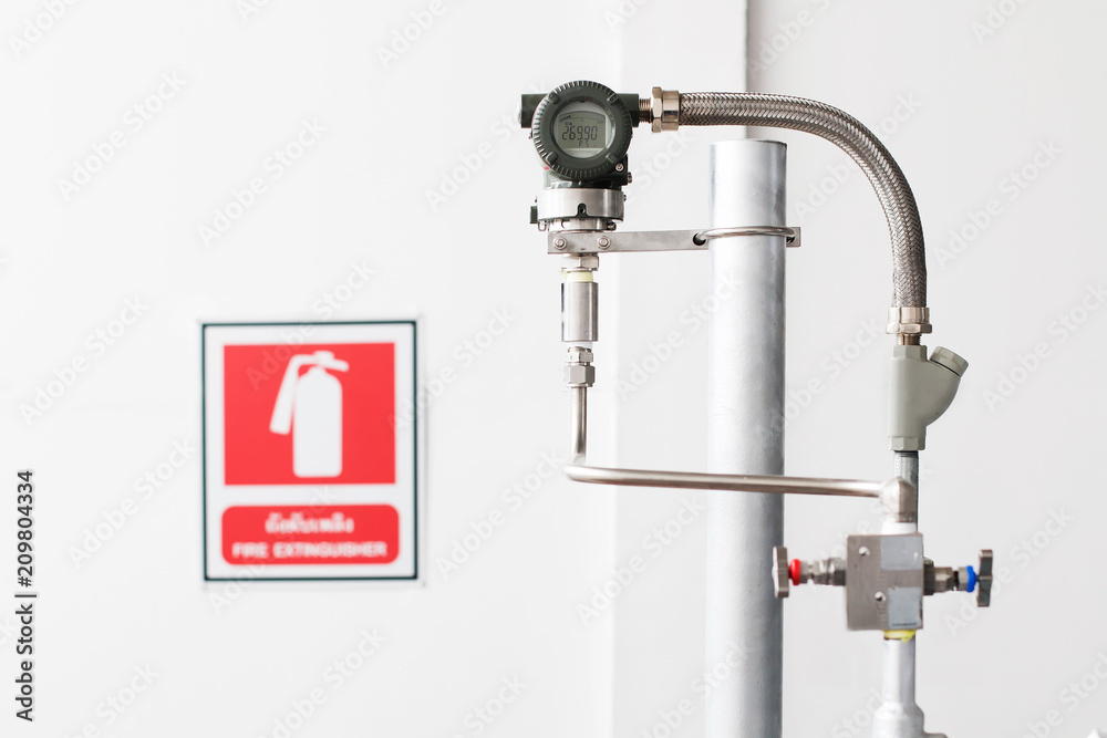 Industrial measurement sensor with fire extinguisher sign, Temperature ...