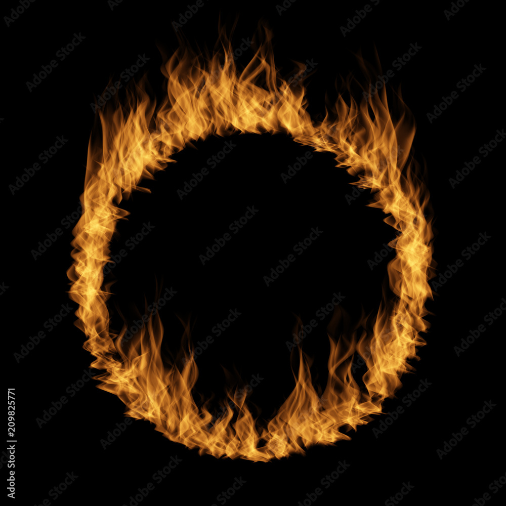 Conceptual yellow orange hot raging blaze of fire, circle round ring ...