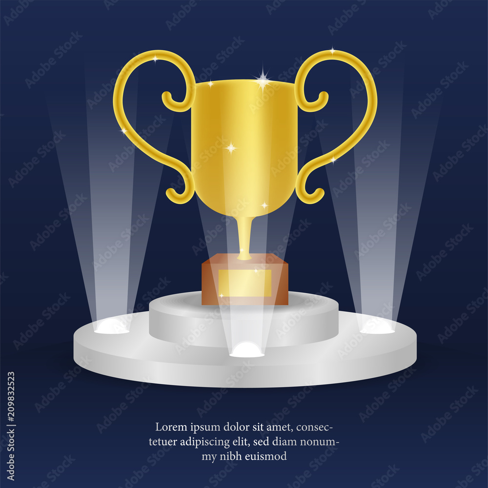 realistic golden throphy for champion on the podium with light effect ...