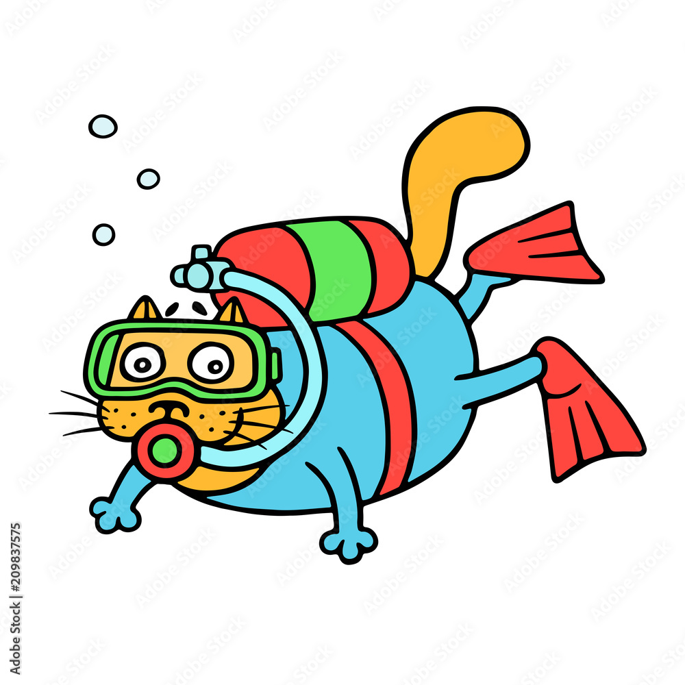 Cartoon cat with aqualung explores the depths of the sea. Vector ...