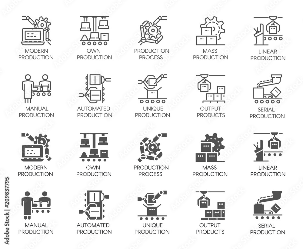 Set of of automatic and manual production buttons. Collection icons in ...