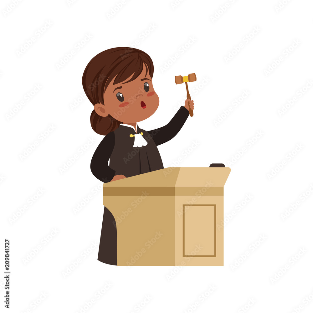 Cute judge girl cartoon character standing at tribunal with gavel ...
