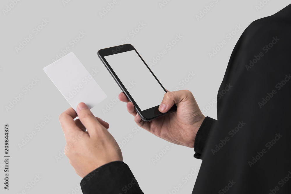 Hand Holding Credit Card and Mobile Phone Blank Screen for Mockup ...