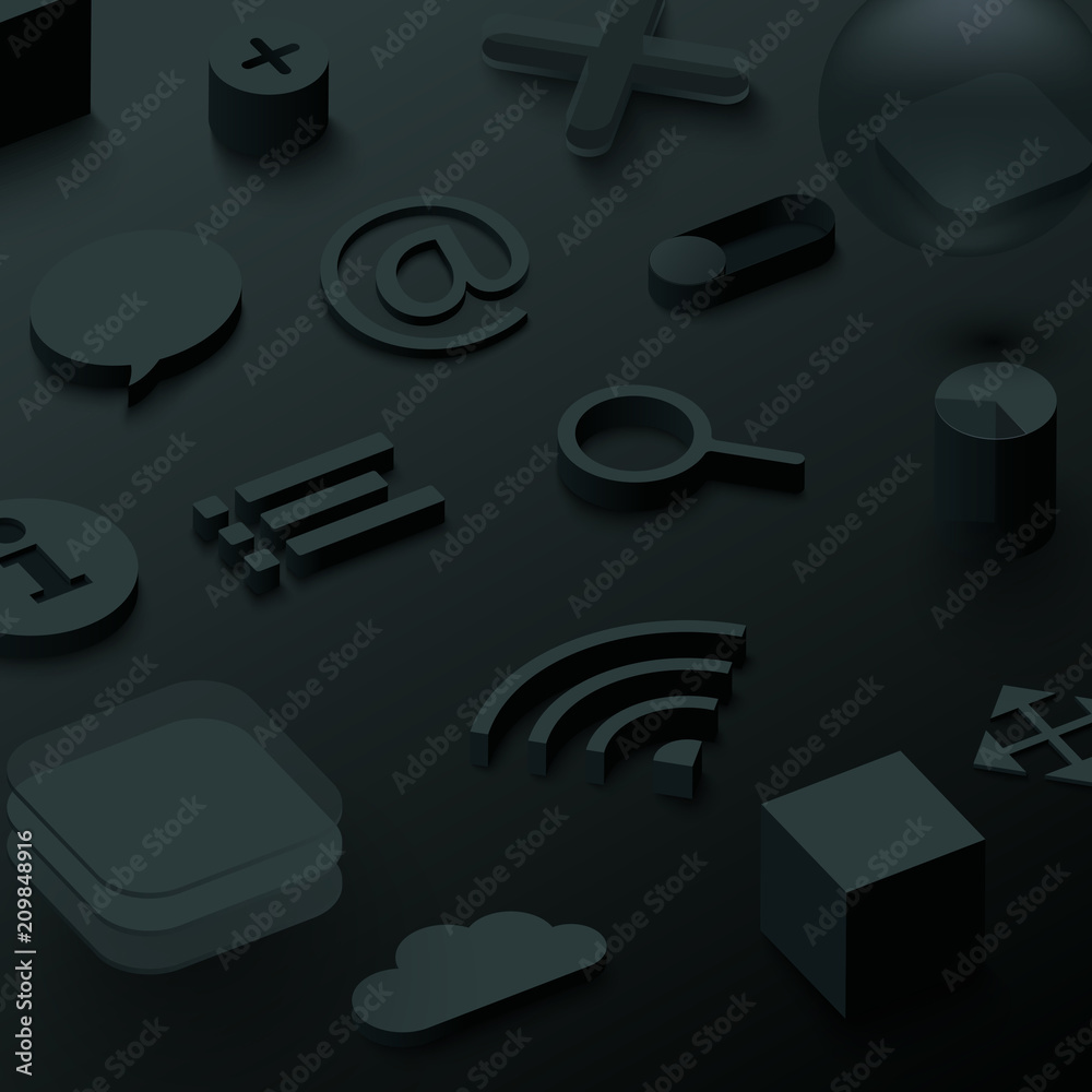 Black 3d background with web ui symbols. Stock Vector | Adobe Stock