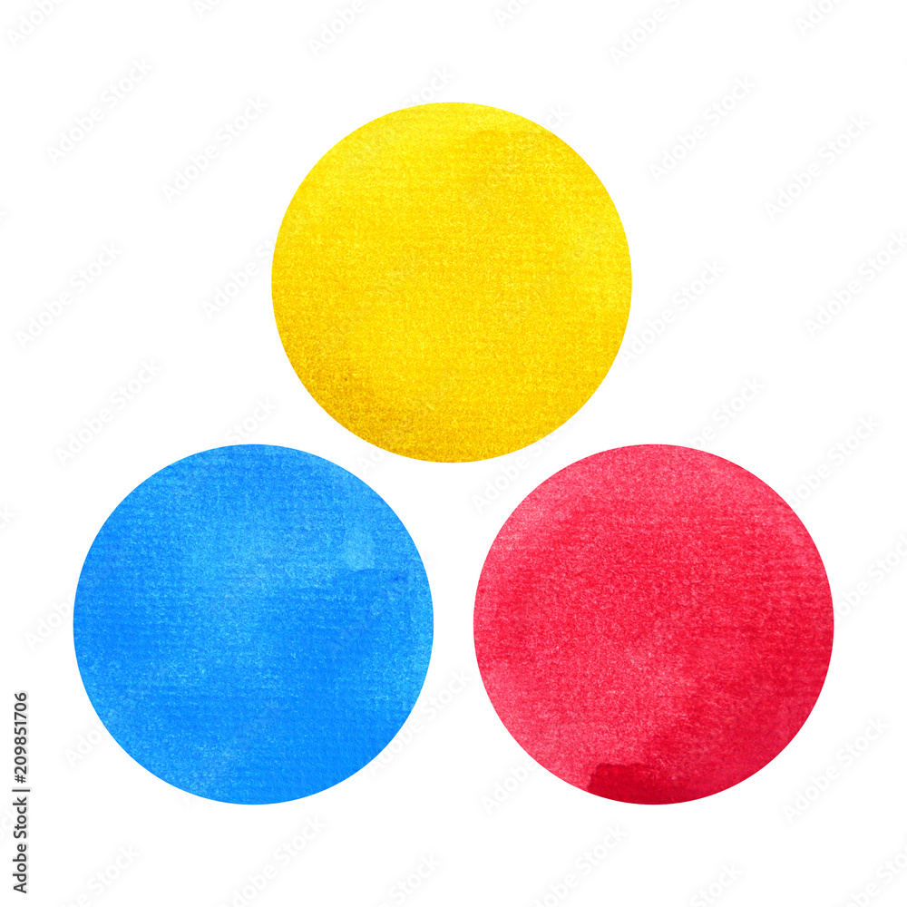 3 primary colors, blue red yellow watercolor painting circle round on ...