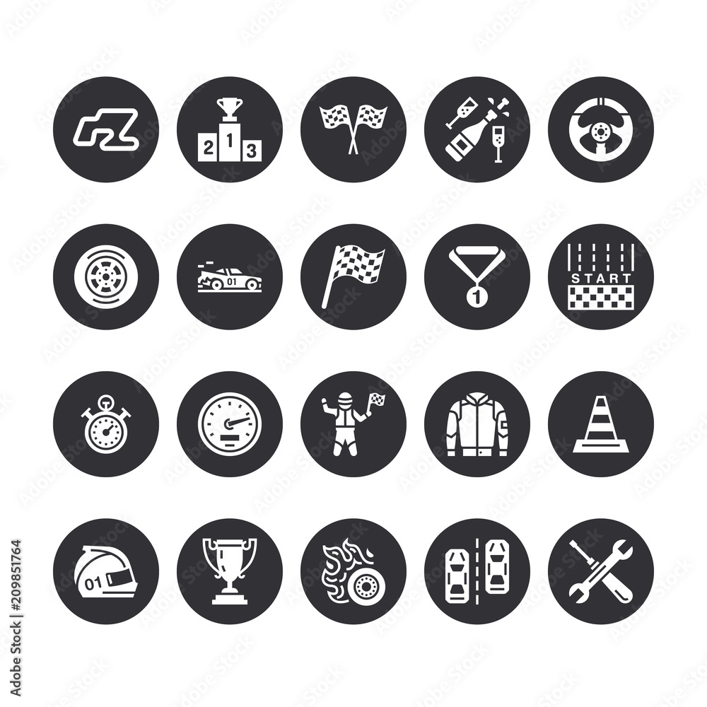 Car racing vector flat glyph icons. Speed auto championship signs ...