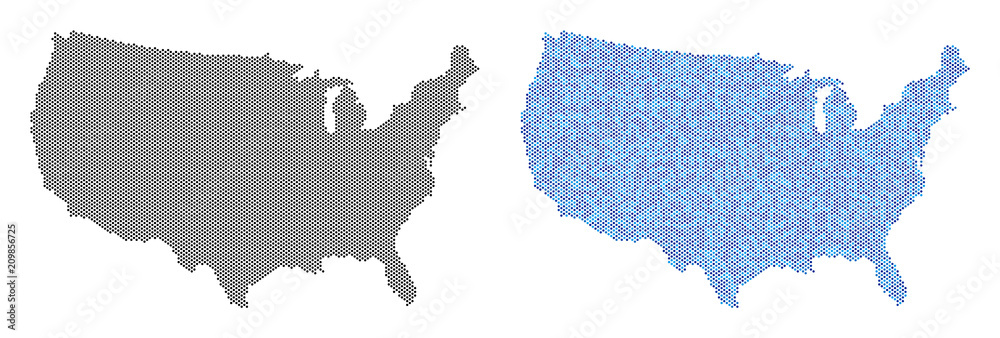 Pixel USA map version. Vector territory schemes in black color and blue ...