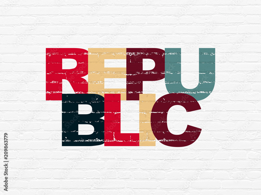 Political concept: Painted multicolor text Republic on White Brick wall ...