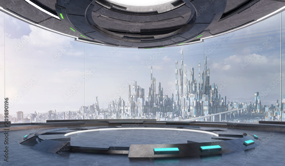 Futuristic interior design empty space room with large windows and ...