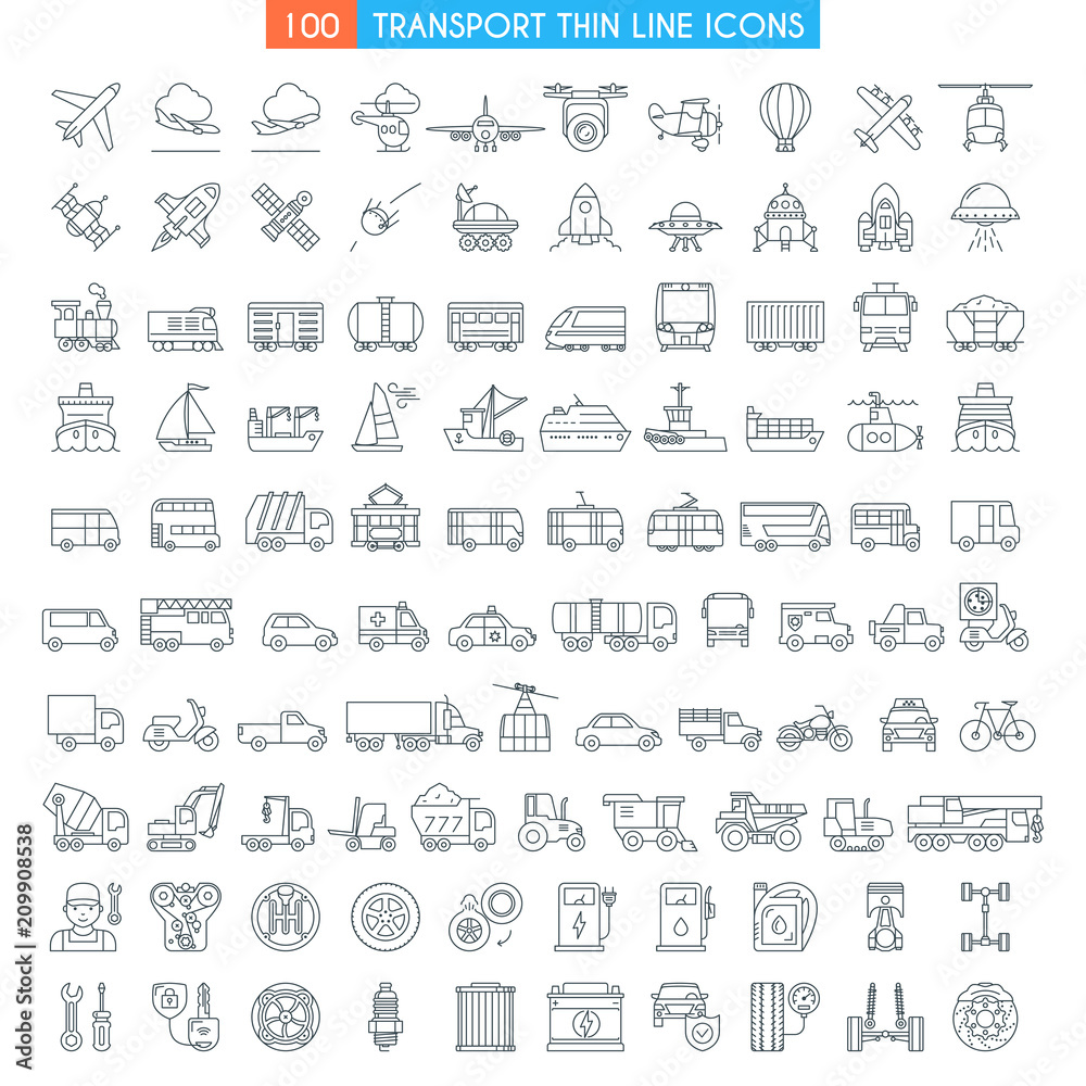 Vehicles thin line icons. Big set. Transportation, cars, bikes, bus ...