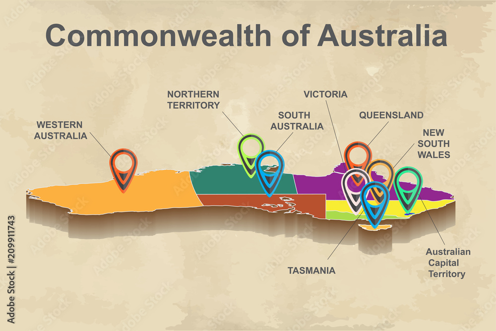 Vector abstract 3d Australia map with internal regional boundaries ...