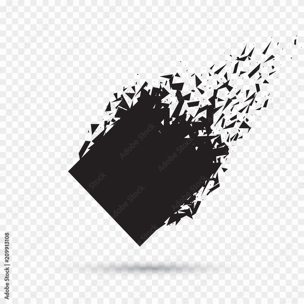 Black square stone with debris isolated. Abstract black explosion ...