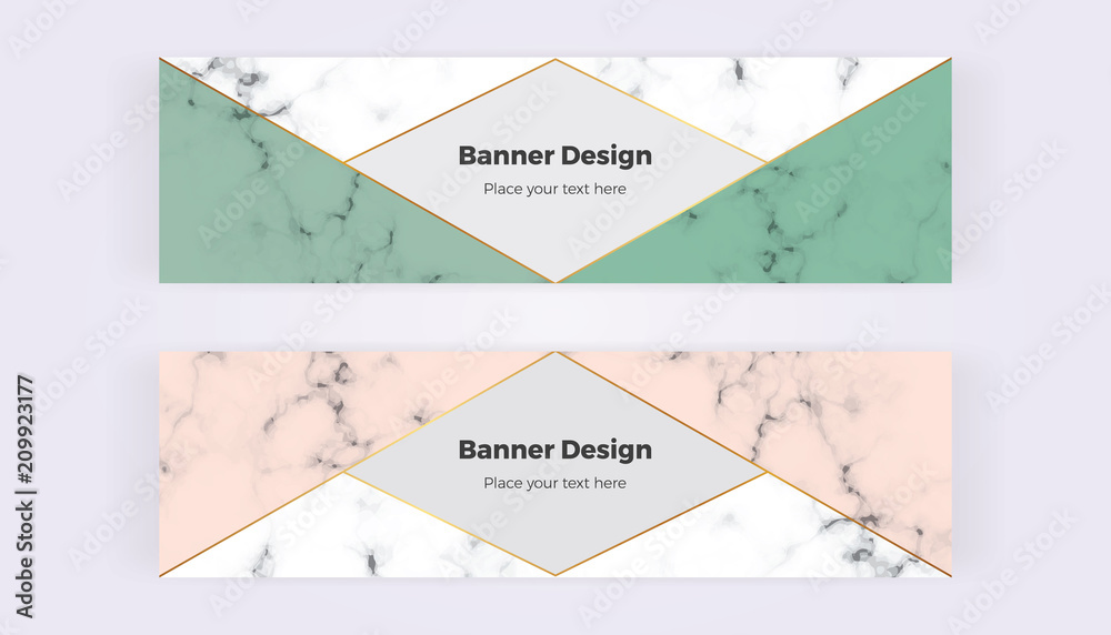 Geometric web banners with pink and green triangles. Modern luxury and ...