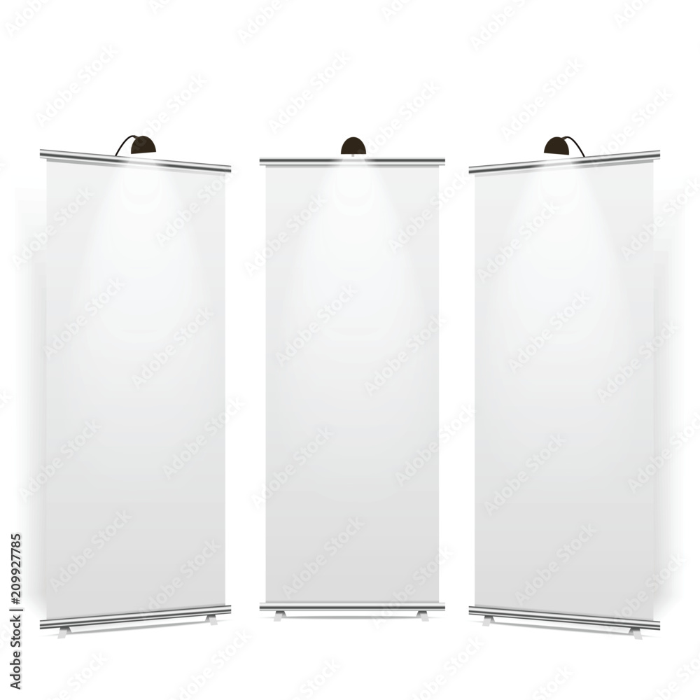 Blank roll-up banner display, isolated with clipping path. Vector ...