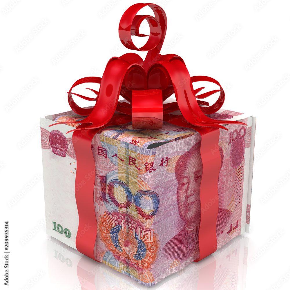 Money as a gift. The box made from Chinese yuan bills tied with a red ...
