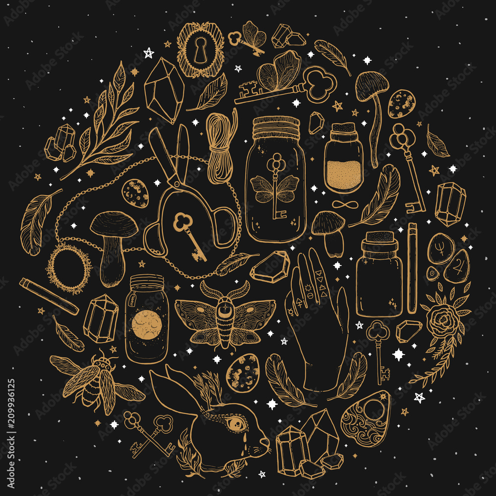 Sketch graphic illustration with mystic and occult hand drawn gold ...