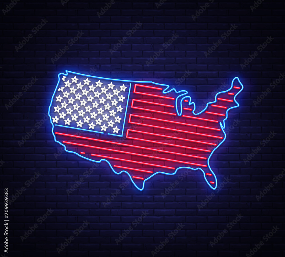 USA map and flag neon vector sign. USA map symbol banner light, bright ...