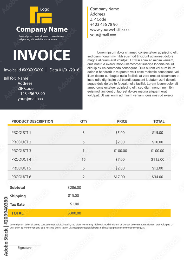 Creative vector illustration of invoice form template for your billing ...